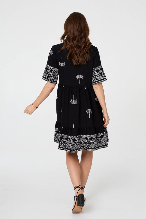 Border Print 1/2 Sleeve Short Dress | Izabel London