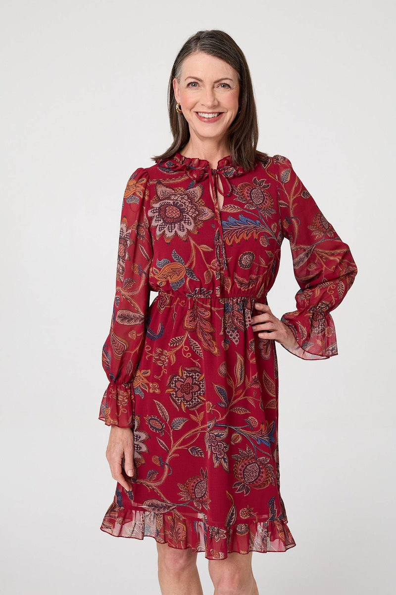 Printed Frill Trim Knee Length Dress | Izabel London